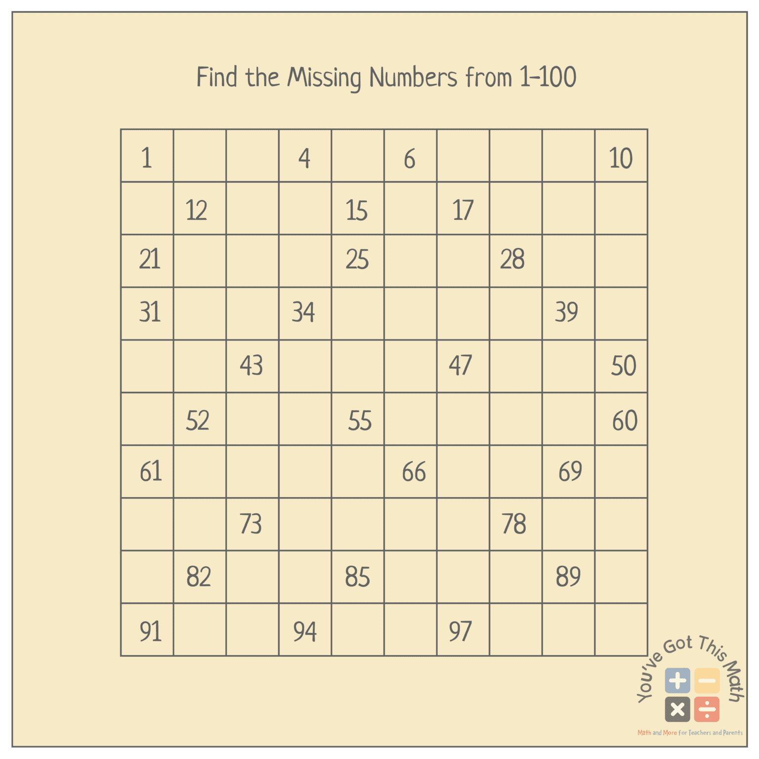 9 Free Hundreds Chart with Missing Numbers Worksheets