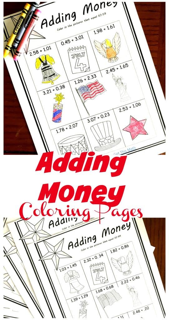 Five FREE Coloring Adding Money Worksheets with a Patriotic Theme