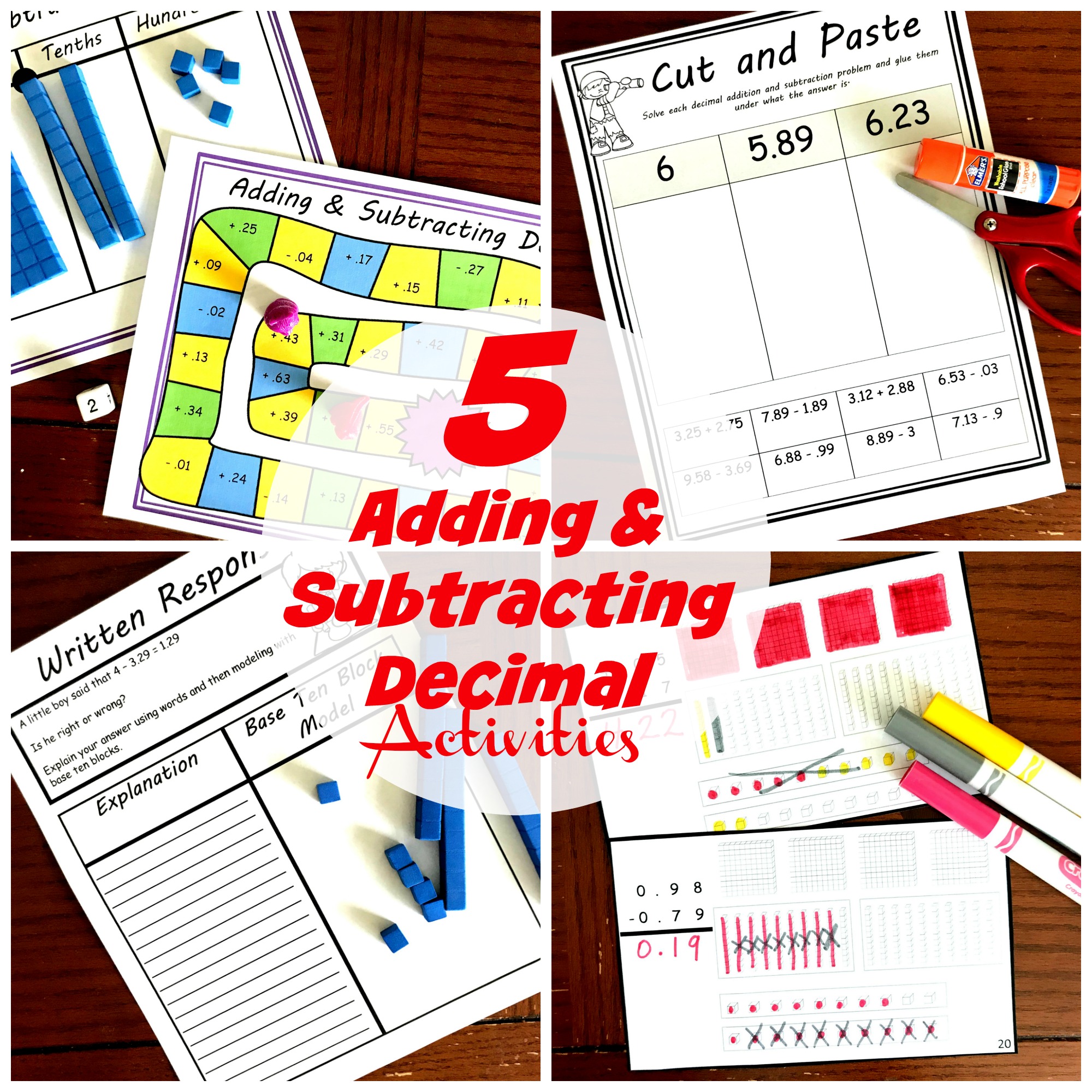 FREE No-Prep Adding and Subtracting Decimal Game Using Base Ten Blocks