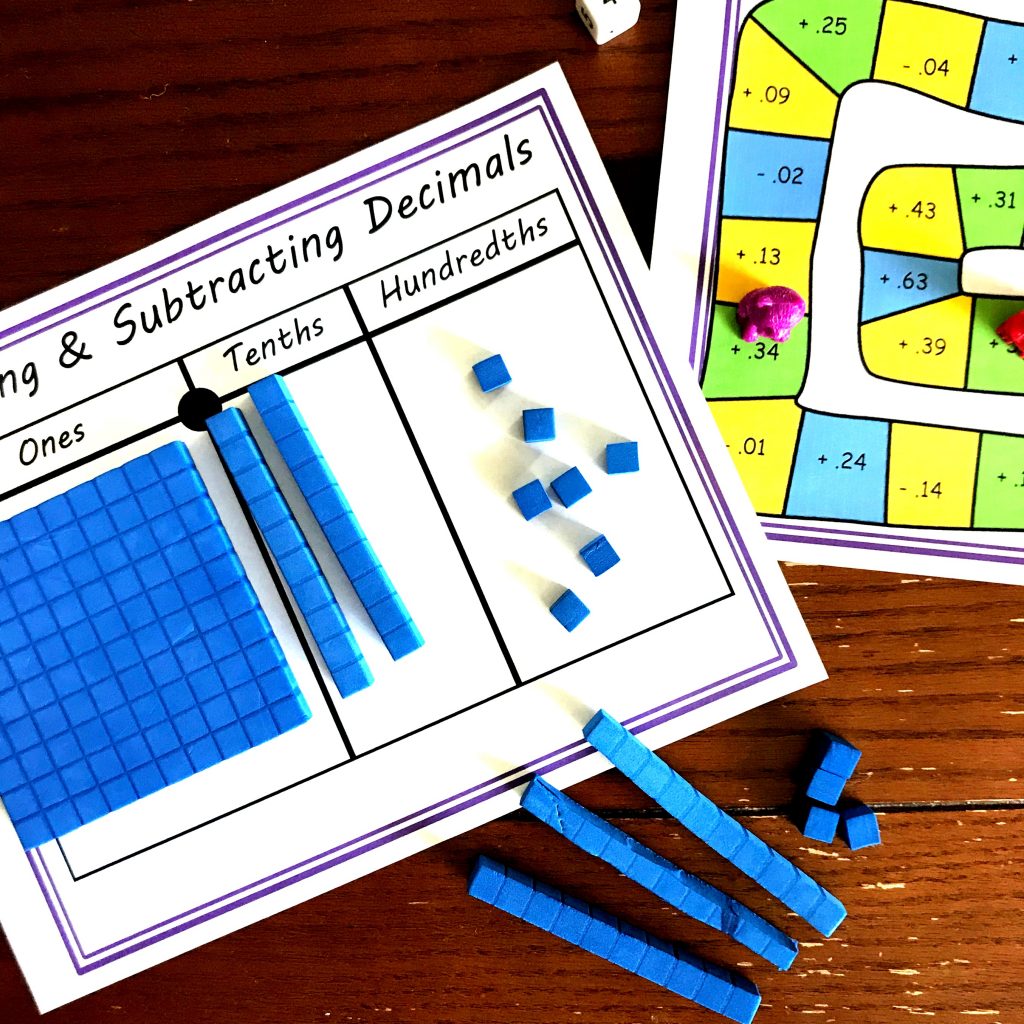 FREE No-Prep Adding and Subtracting Decimal Game Using Base Ten Blocks