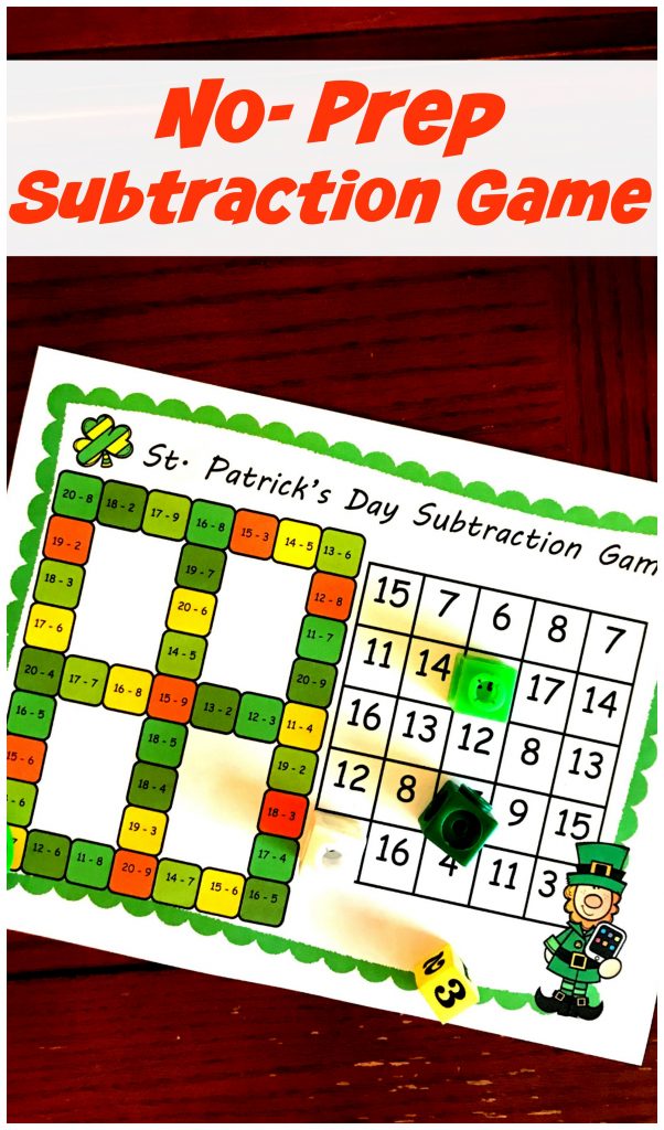 No-Prep, First Grade Subtraction Game with St. Patrick's Day Theme