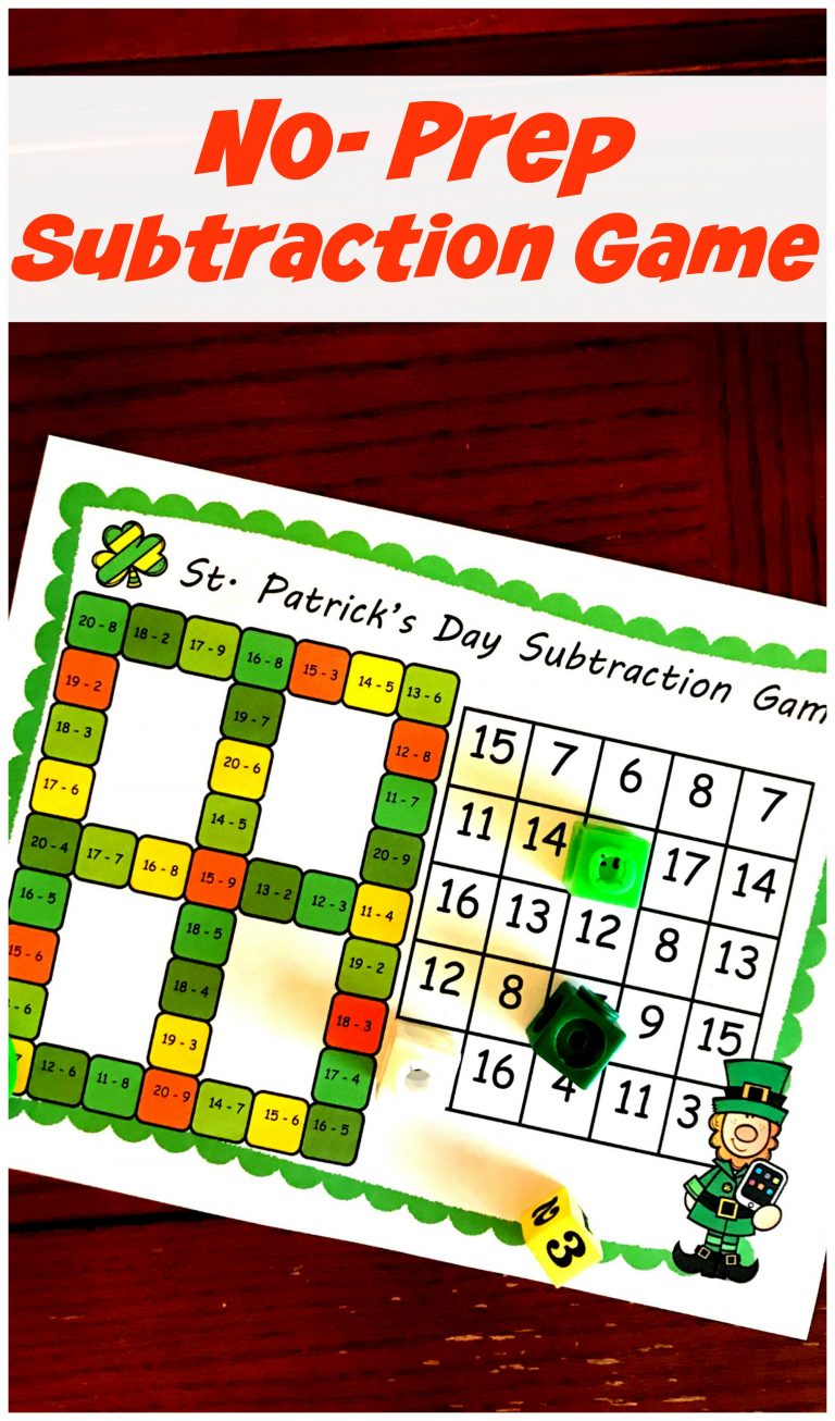 No-Prep, First Grade Subtraction Game with St. Patrick's Day Theme