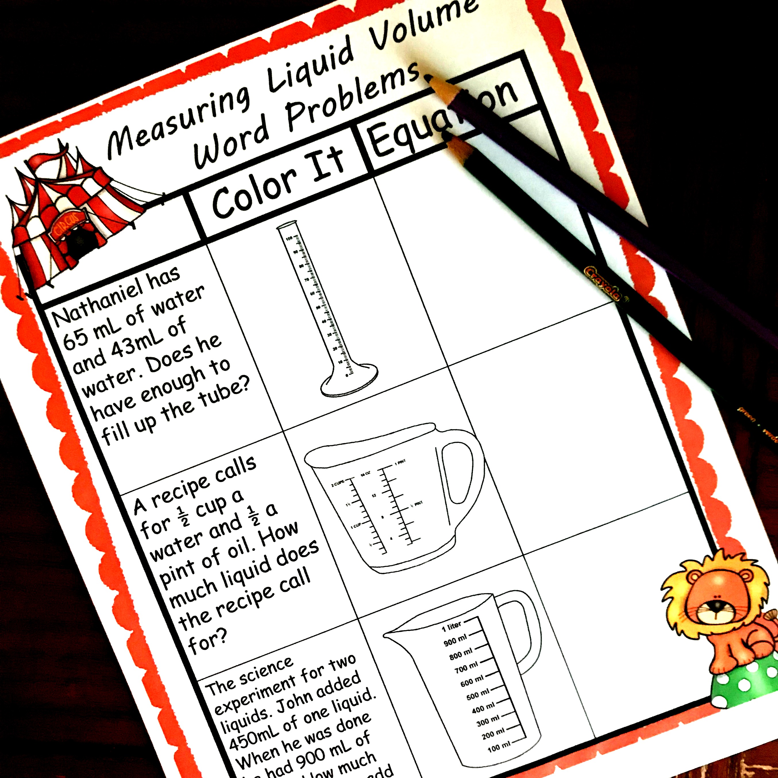 Free Hands on Liquid Measurement Word Problems