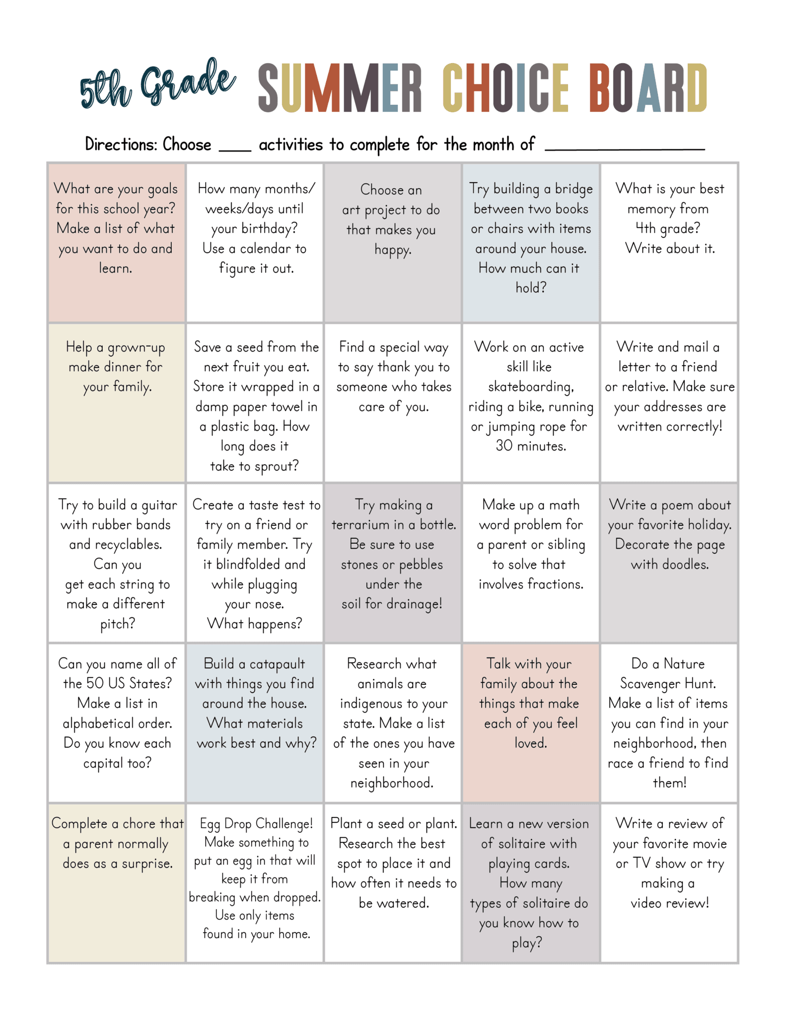 Fun PDF Choice Boards for Students | Summer | 3rd 4th 5th