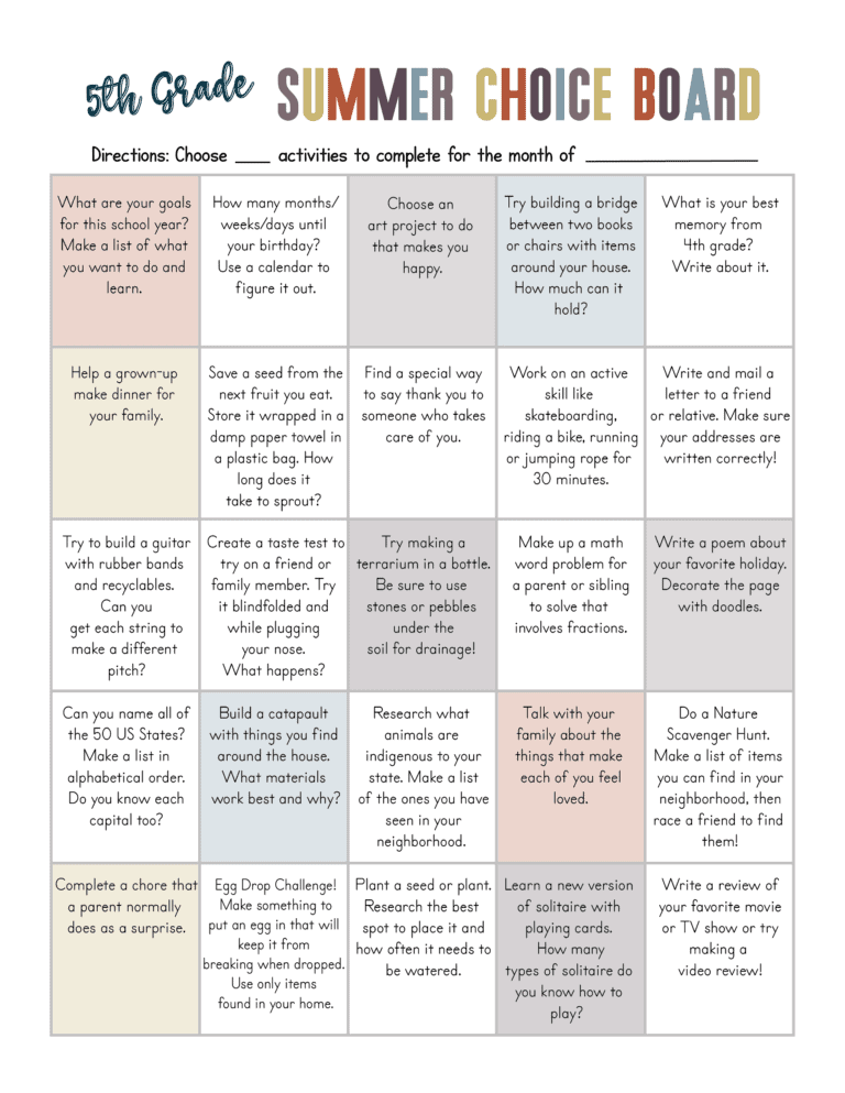 Fun PDF Choice Boards for Students | Summer | 3rd 4th 5th