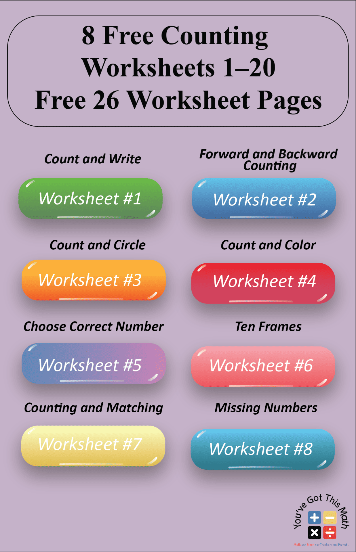 8 Free Counting Worksheets 1–20