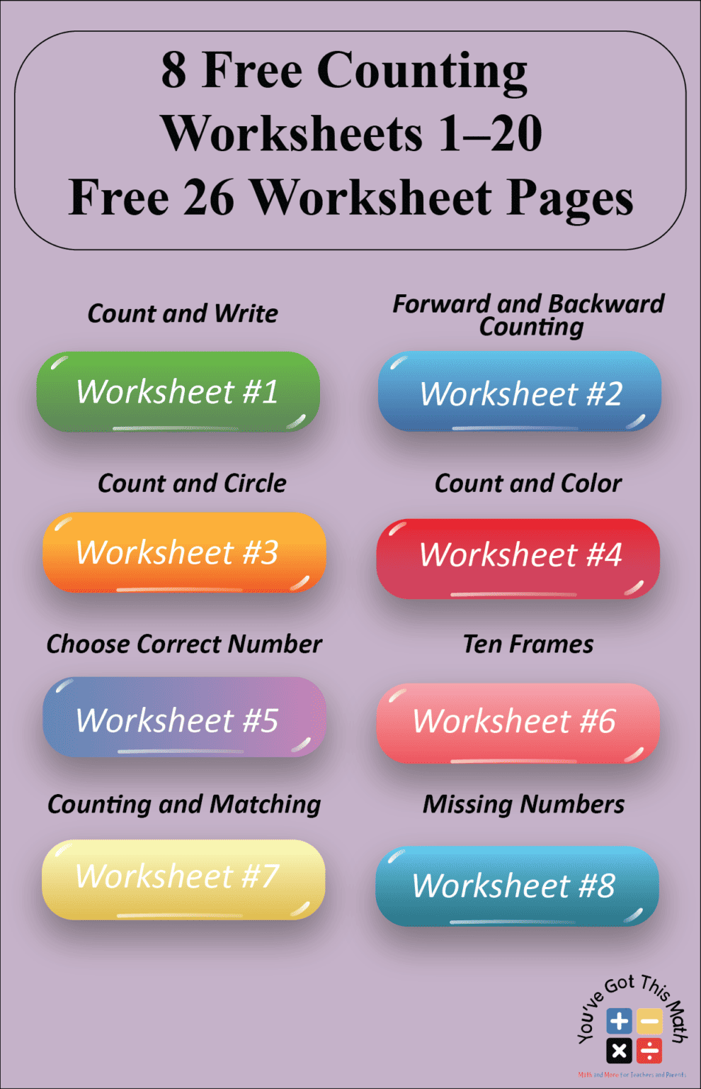 8 Free Counting Worksheets 1–20