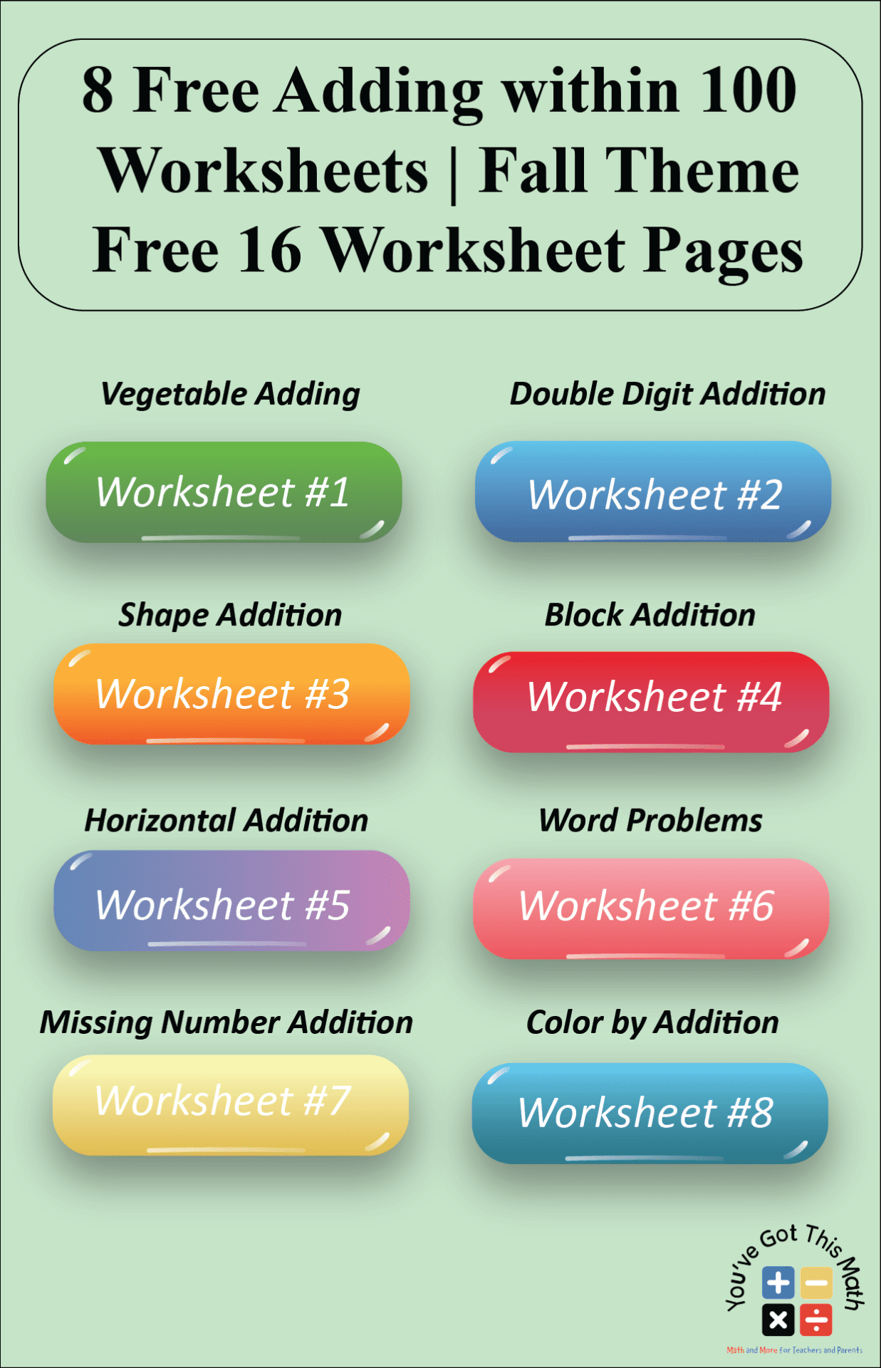 8 Free Worksheets on Adding within 100 | Fall Theme