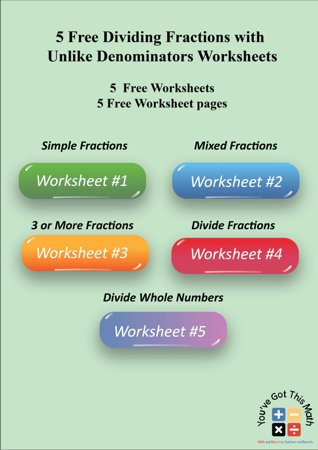 5 Free Dividing Fractions with Unlike Denominators Worksheets