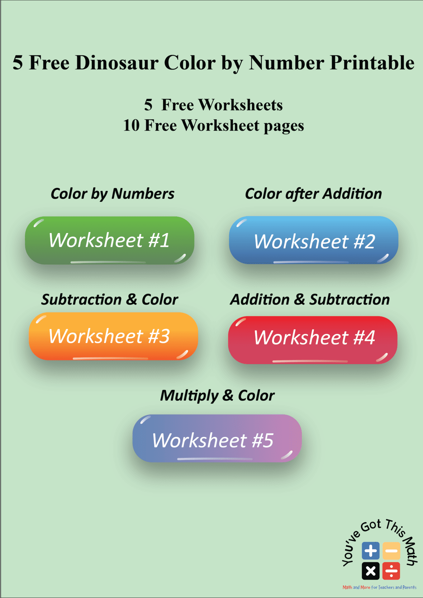5 Dinosaur Color by Number Printable | Free Worksheets