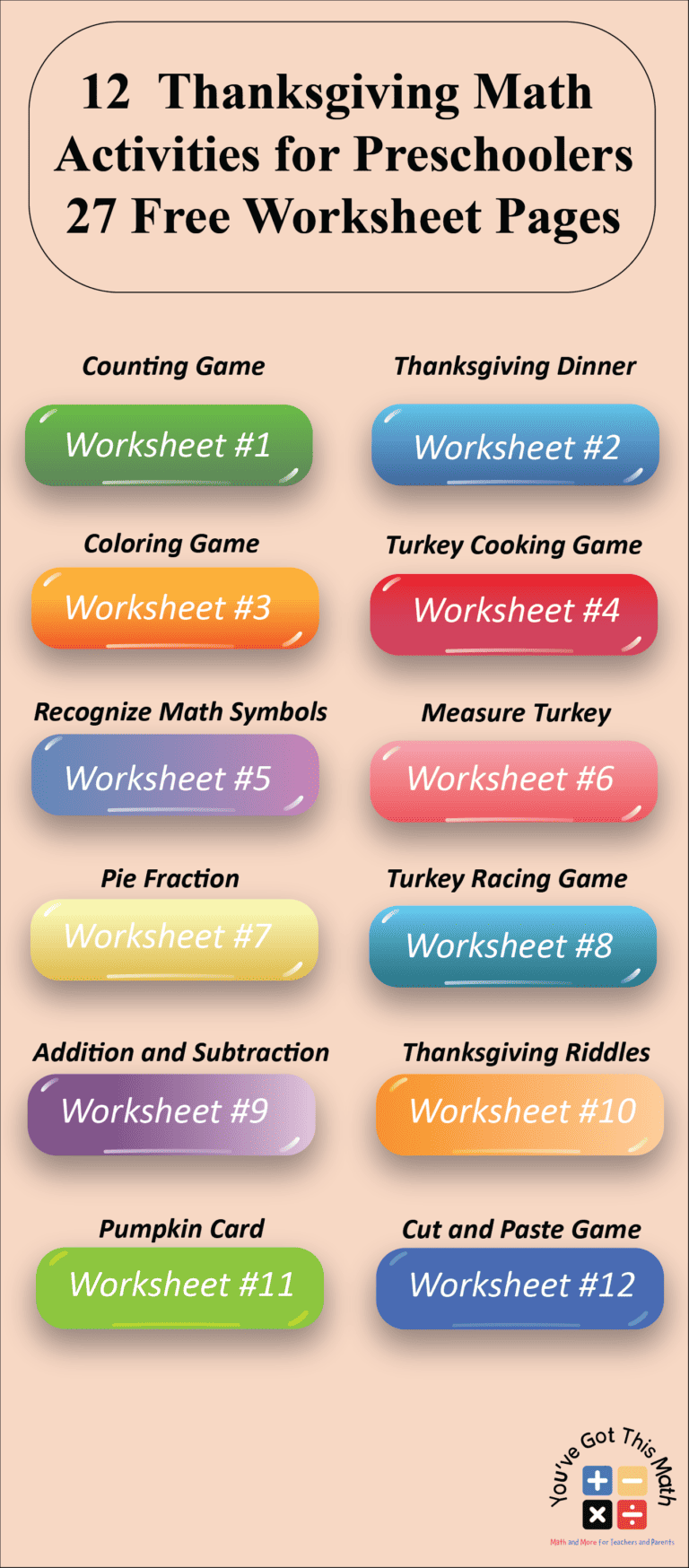 Free Thanksgiving Math Activities for Preschoolers with 12 Worksheets