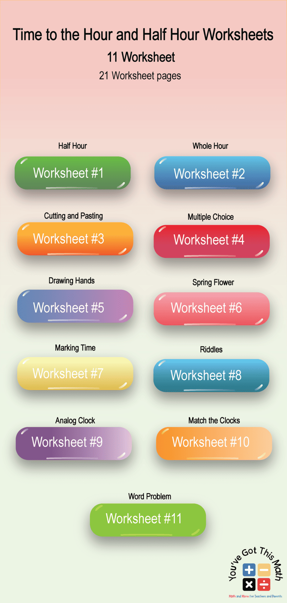 11 Free Tell Time to the Hour and Half Hour Worksheets