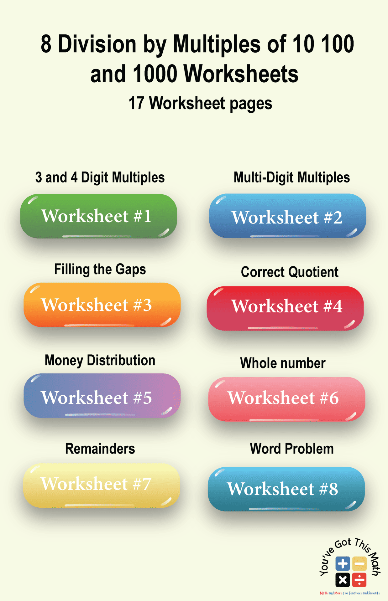 8 Free Division by Multiples of 10 100 and 1000 Worksheets